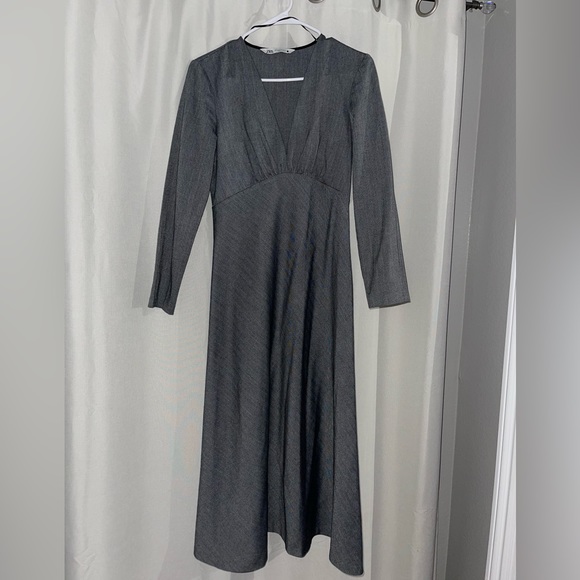 Zara | Dresses | Zara Gray Herringbone Aline Midi Dress Size Xs | Poshmark